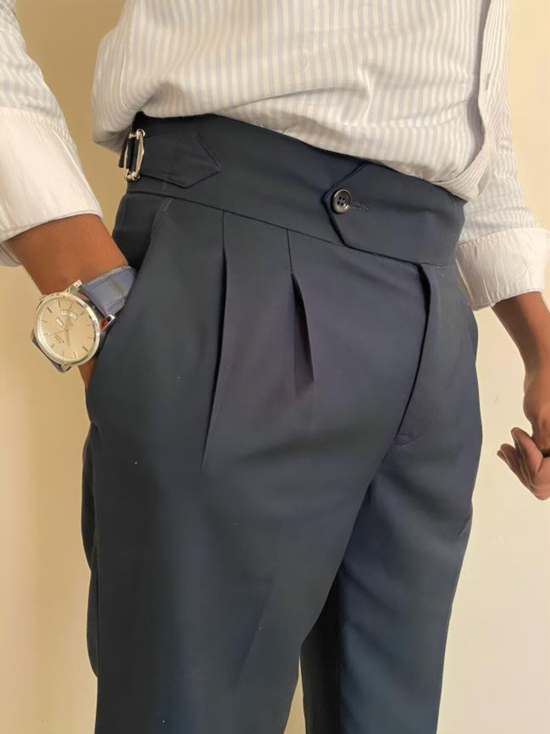 Men Gurkha Trouser Custom Made Blue Cotton Pants High Waist Box Pleated ...
