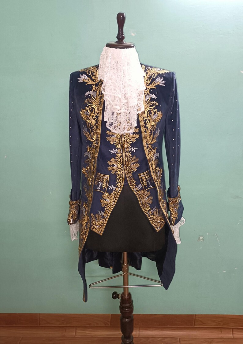 Men's Bespoke Blue Rococo Costume: Golden Embroidered Nobleman Outfit ...