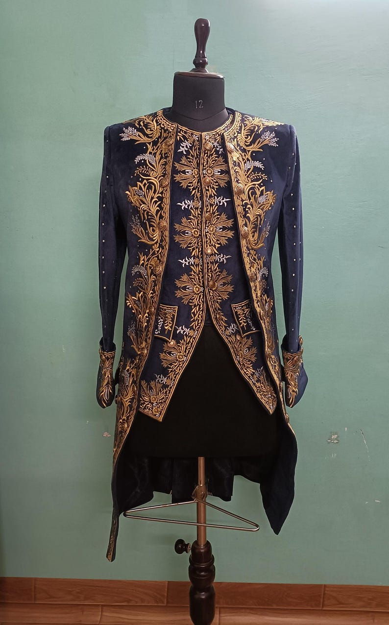 Men's Bespoke Blue Rococo Costume: Golden Embroidered Nobleman Outfit ...