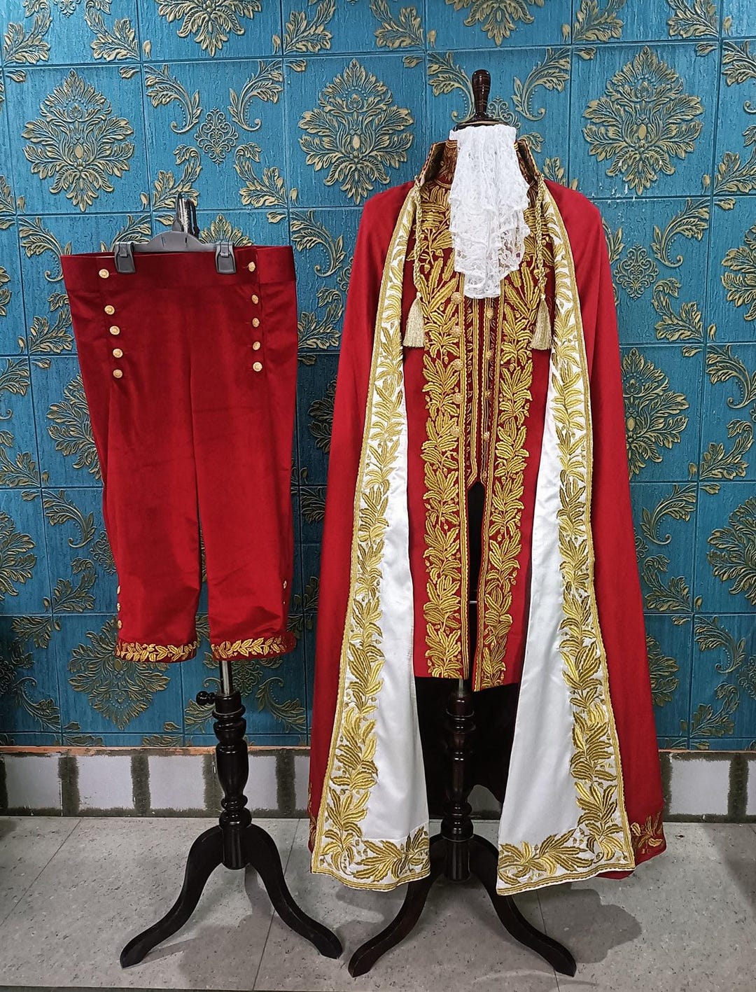 Men Bespoke 3pc Red French Nobleman Costume Fully Golden Embroidered ...