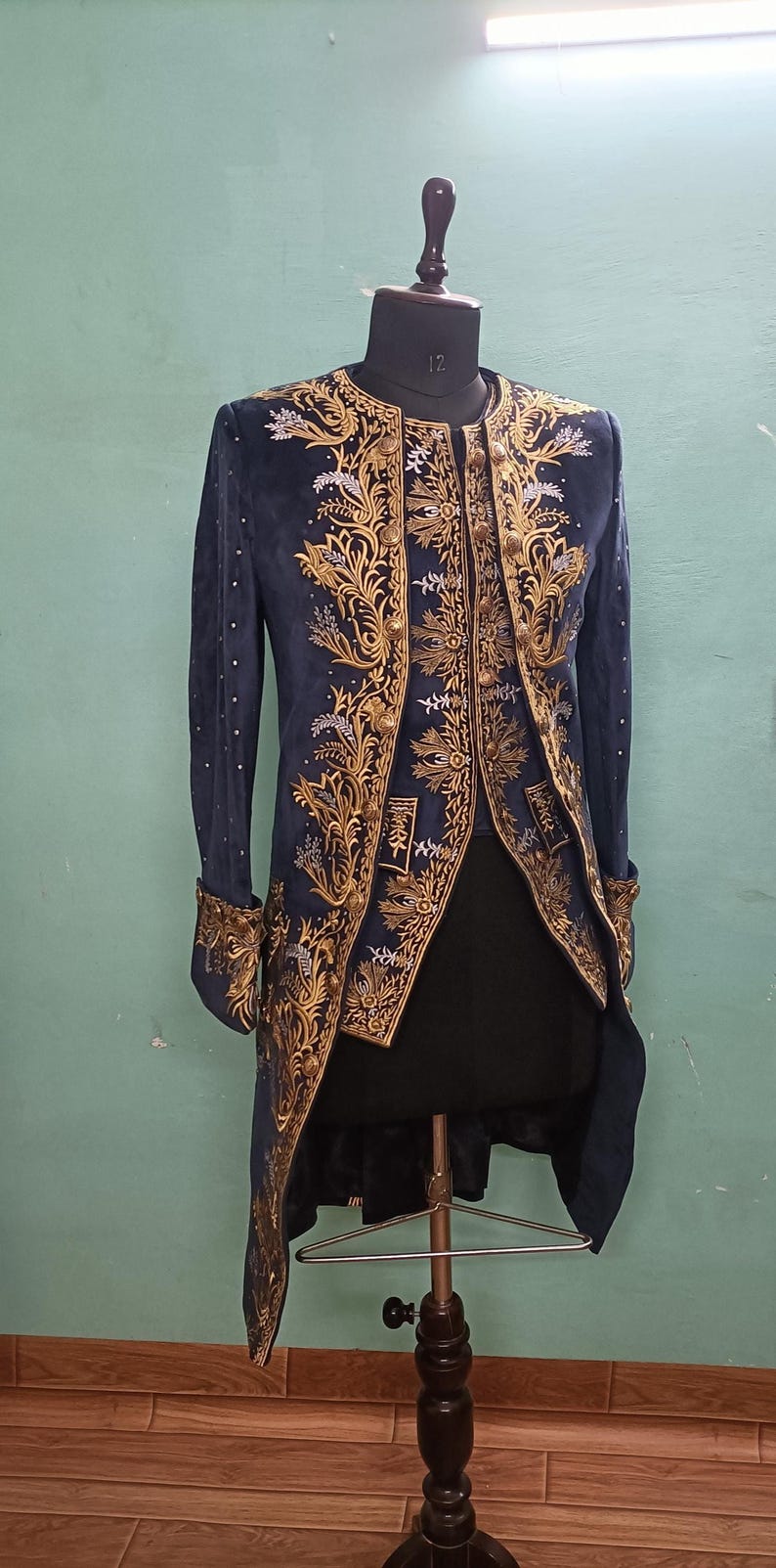 Men's Bespoke Blue Rococo Costume: Golden Embroidered Nobleman Outfit ...