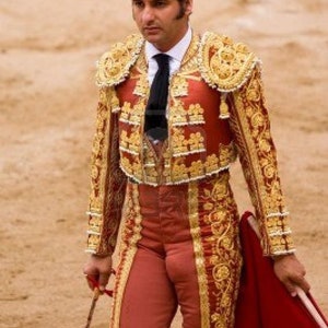 Men Custom Made Peach Cotton Gold Embroidered Matador Jacket Bespoke ...