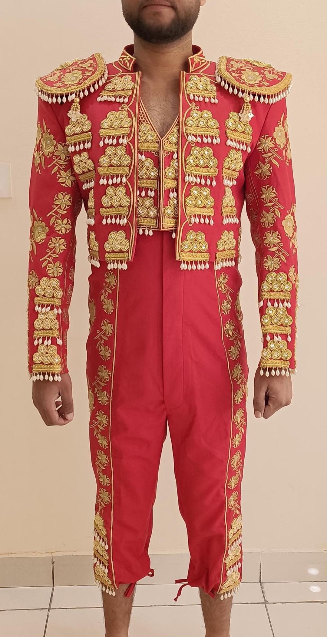 Men Custom Made Red Gold Embroidered Matador Jacket Bespoke Designer ...