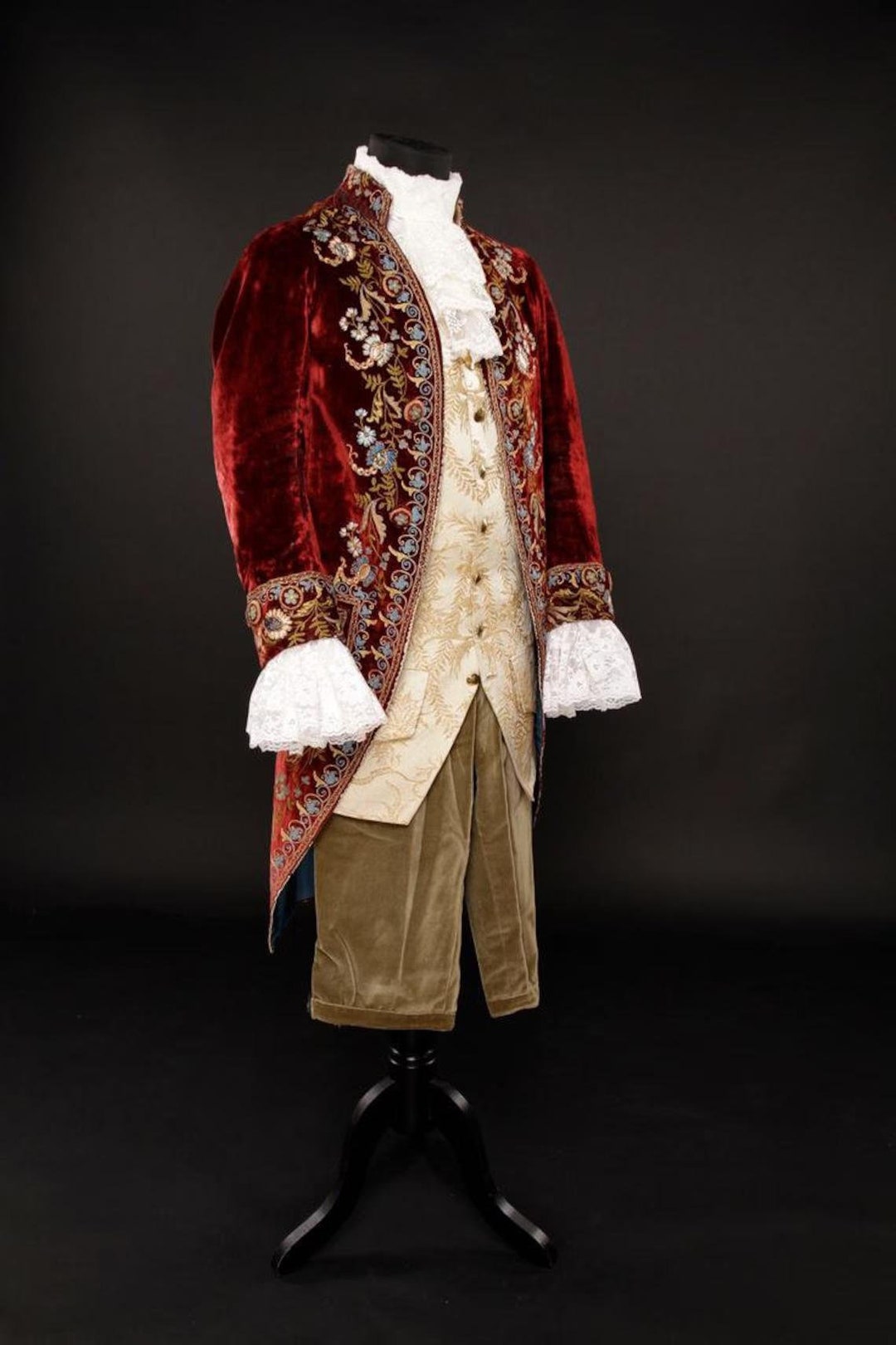 Men's Red Velvet Three-piece Court Suit Intricate French Embroidery ...