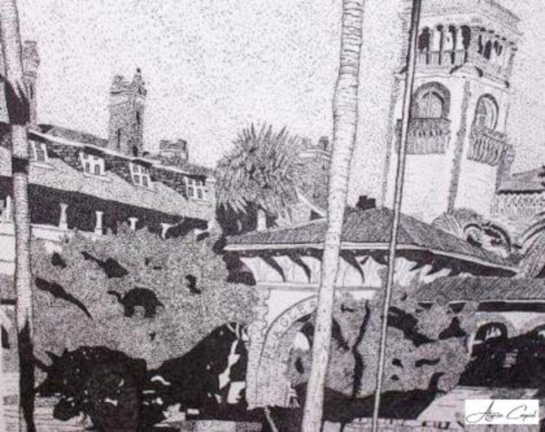 Landscape Wall Art Print of Stippling of Flagler College in Ink, Dots ...