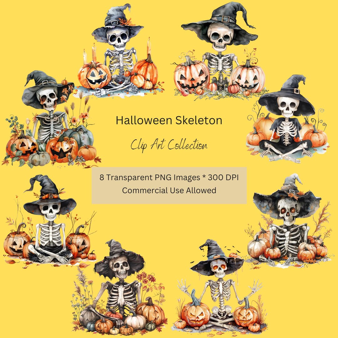 Halloween Skeleton Clip Art, Watercolour. Craft Supplies. Transparent ...