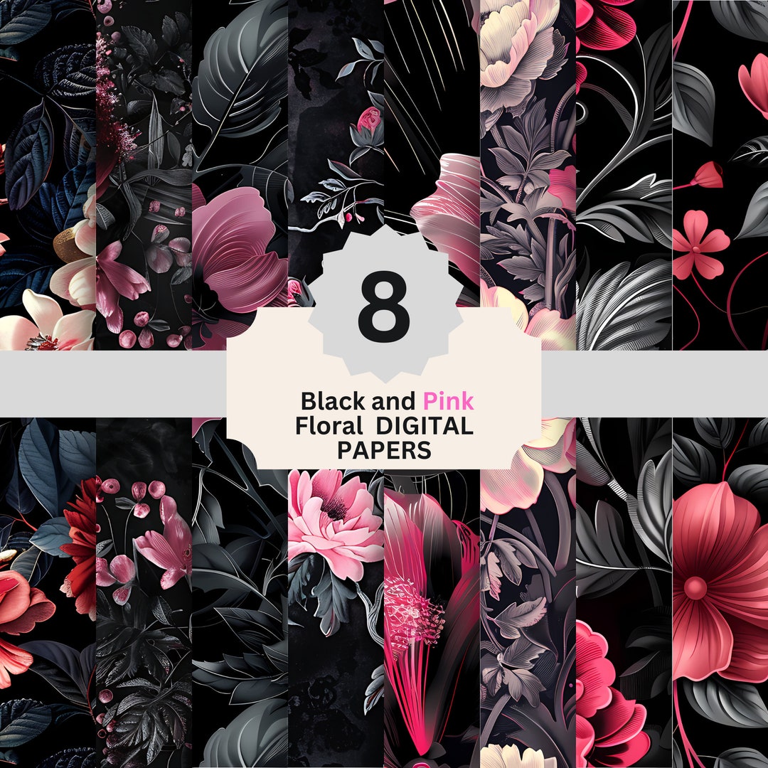 Black & Pink Floral Digital Paper: Watercolor Scrapbook Backgrounds ...