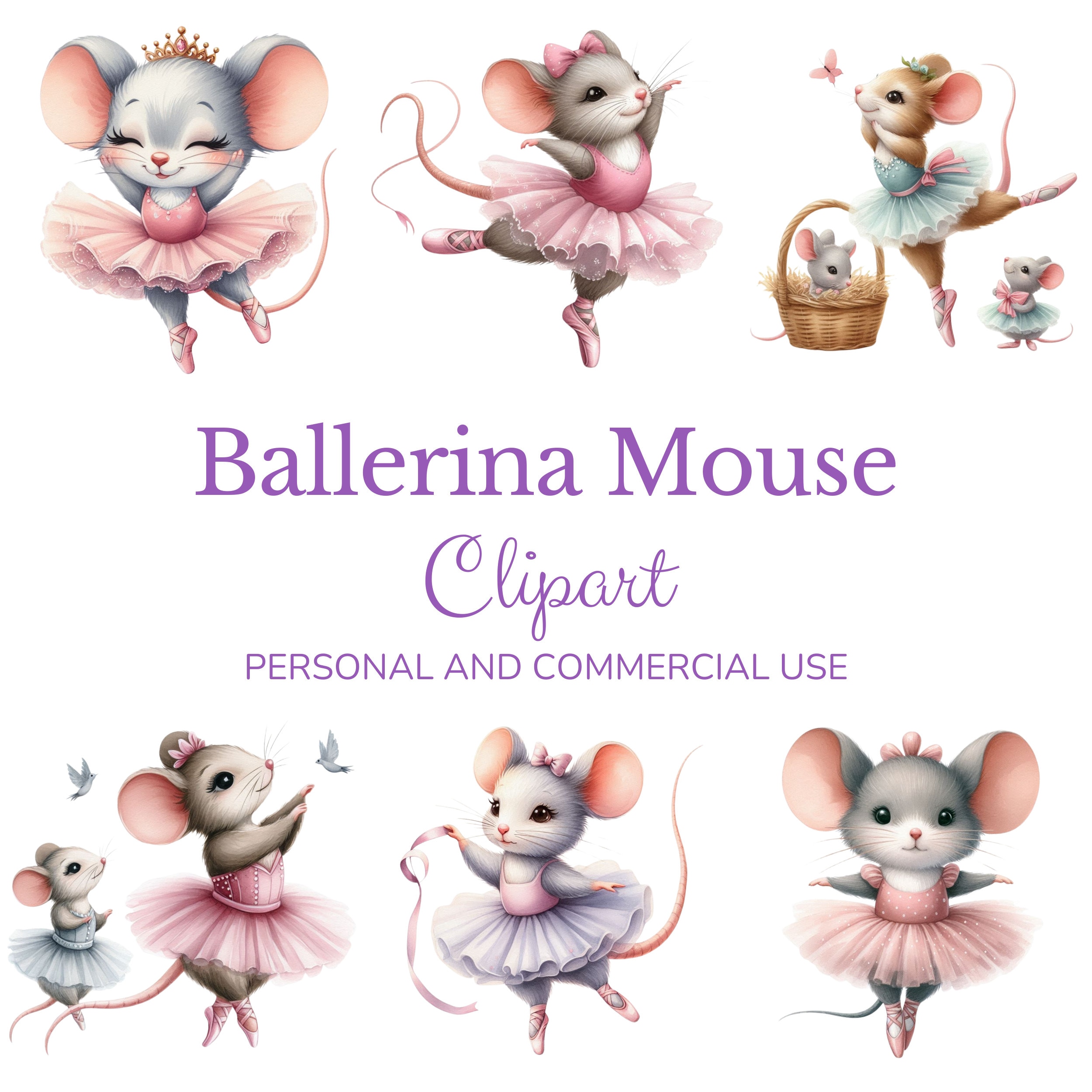 Ballerina Mouse Clip Art Pack. Transparent Background, Instant Digital ...