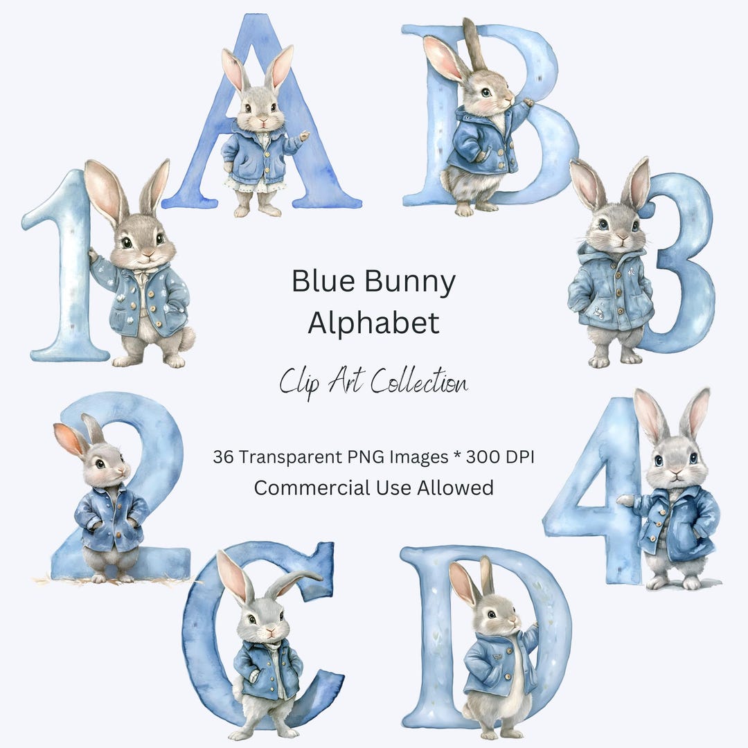 Blue Bunny Alphabet Clipart. ABC. Rabbit. Nursery Wall Art. Watercolour ...