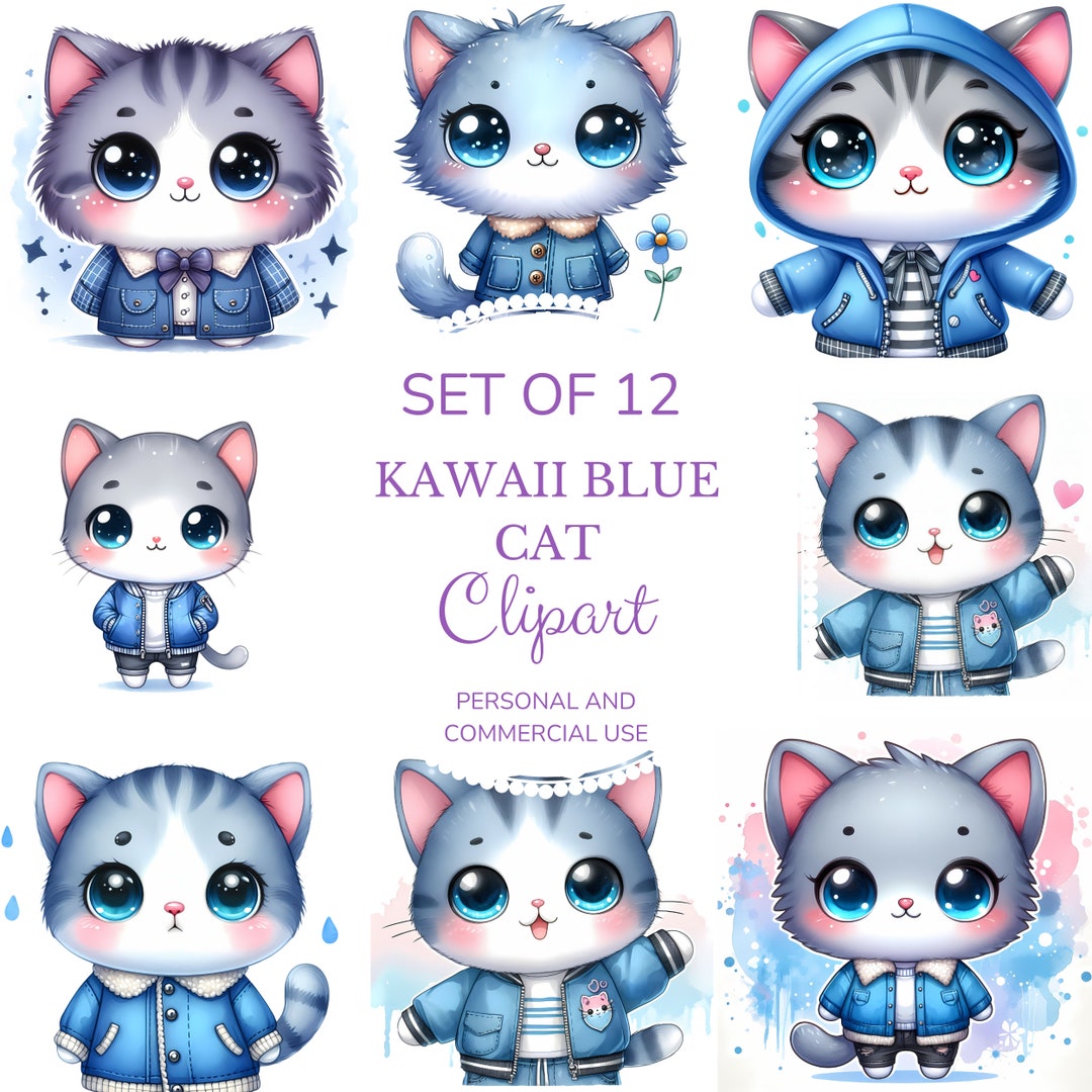 Kawaii Blue Cat Clipart. Transparent Image. Watercolour. High Quality ...