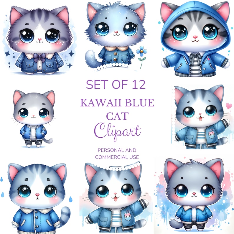 Kawaii Blue Cat Clipart. Transparent Image. Watercolour. High Quality ...