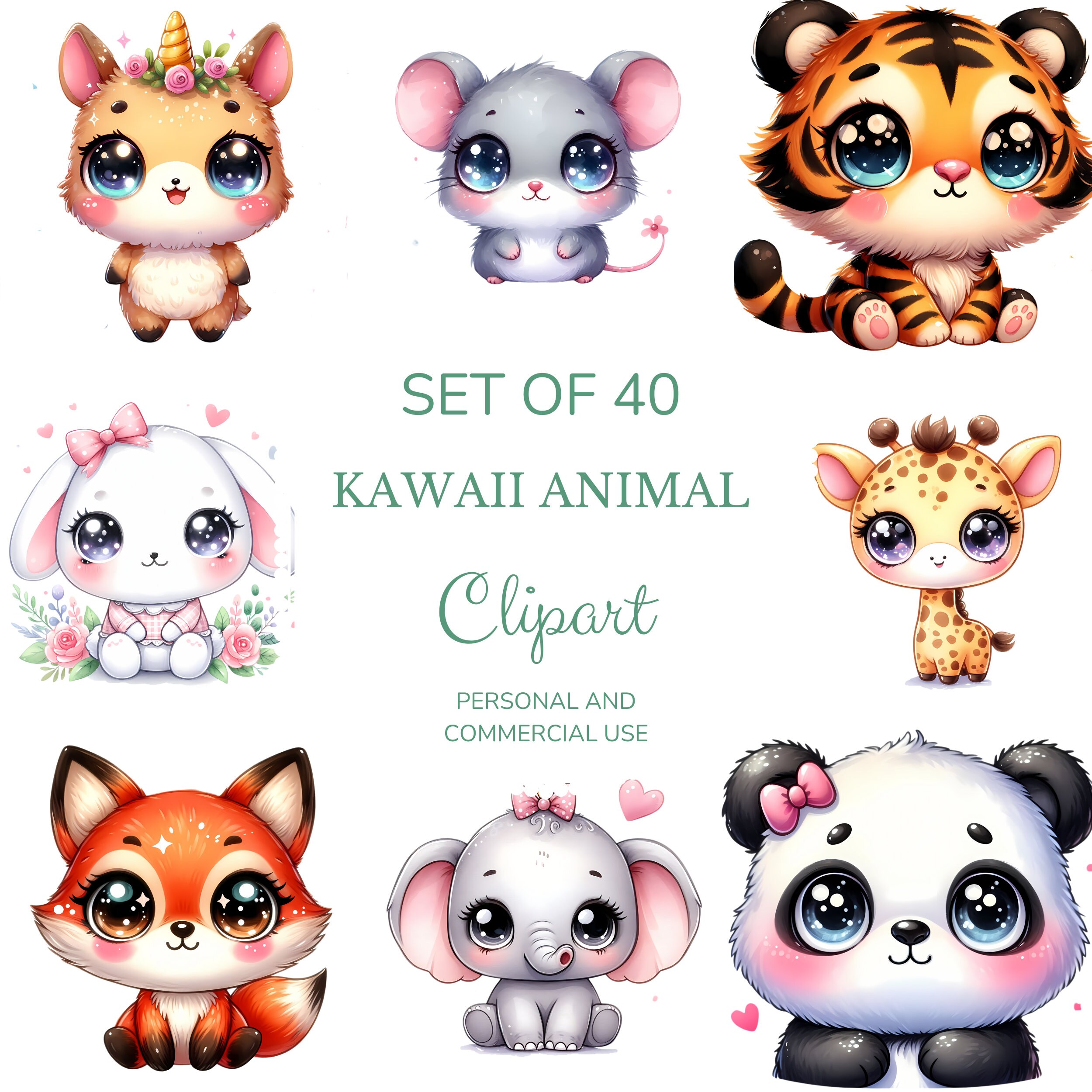Kawaii Animal Clip Art. Watercolour, Transparent Images. Commercial Use ...