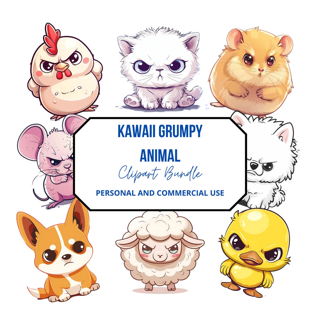 Kawaii Grumpy Animal Clipart. Watercolour. Commercial Use. Transparent ...