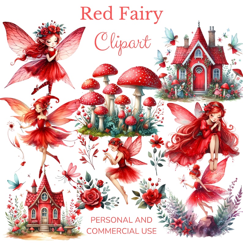 Red Fairy Clipart. Watercolour. Transparent Images. Commercial Use - Etsy