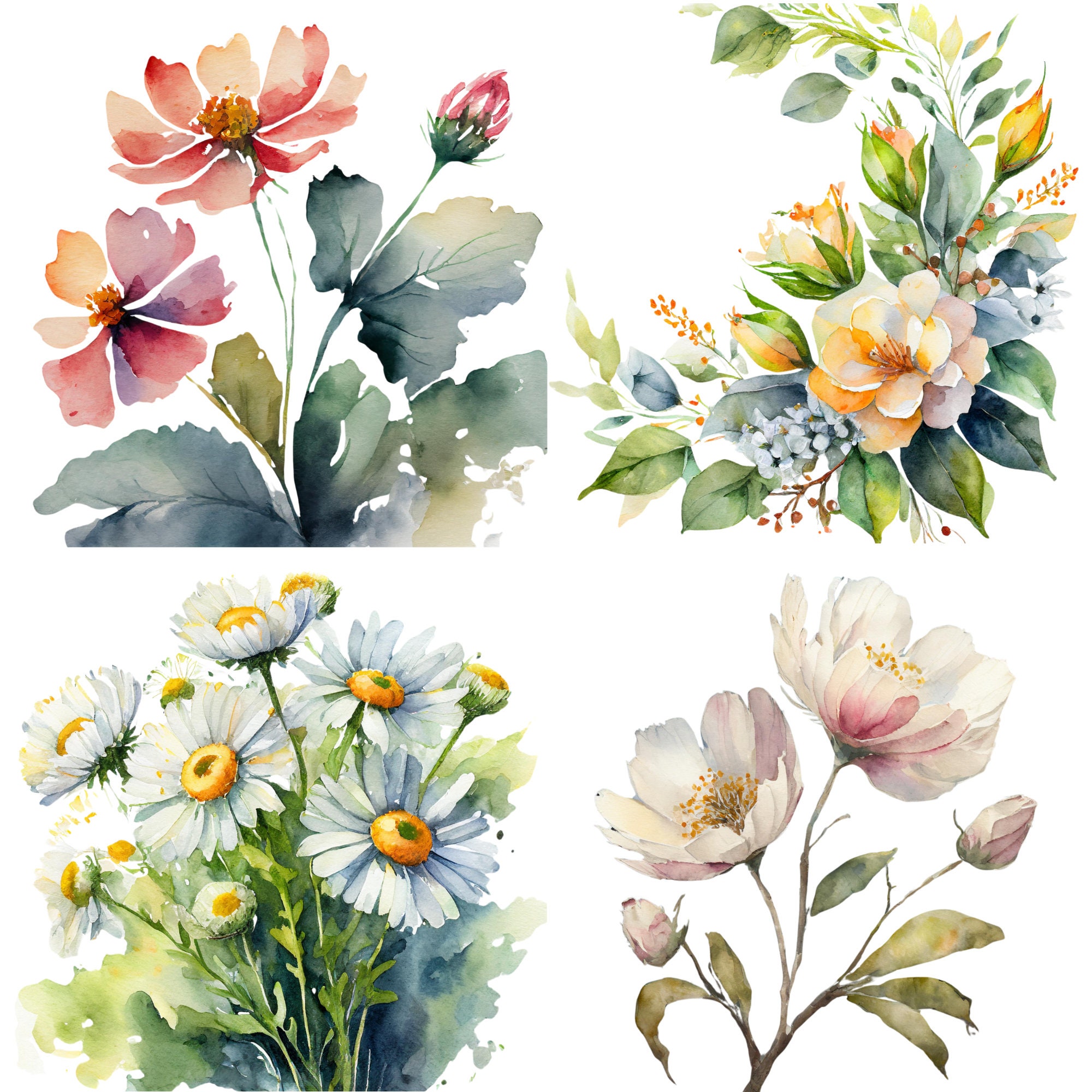 Watercolour Flower Clip Art Pack, Transparent Digital Download - Etsy