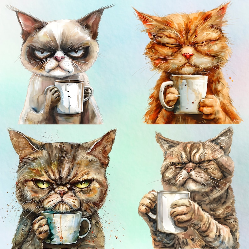 Cats Need Coffee Too Clipart. Watercolour. Grumpy Cat. Commercial Use ...