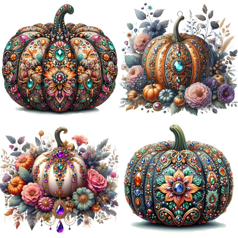 Ornate Jeweled Pumpkin Clipart: Watercolor Halloween Graphics ...