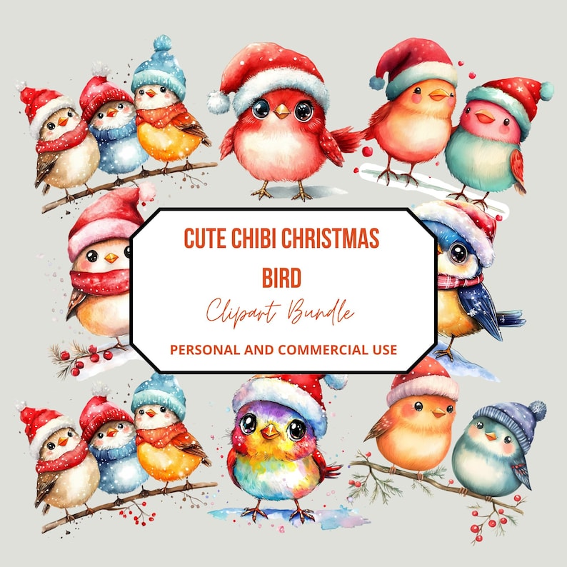 Chibi Christmas Bird Clip Art. Cute Birds. Cartoon Birds. Watercolour ...