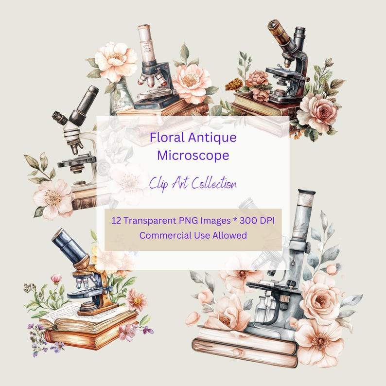 Floral Antique Microscope Clip Art. Transparent Image. Commercial Use ...