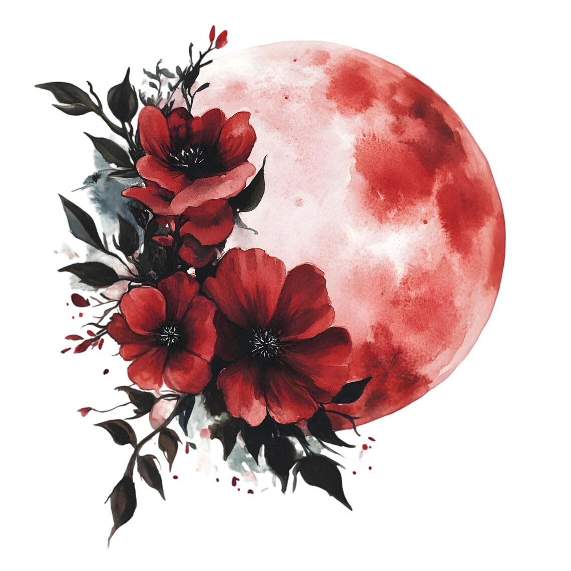 Floral Blood Moon Clipart: Watercolor Style (PDF Download) - Etsy
