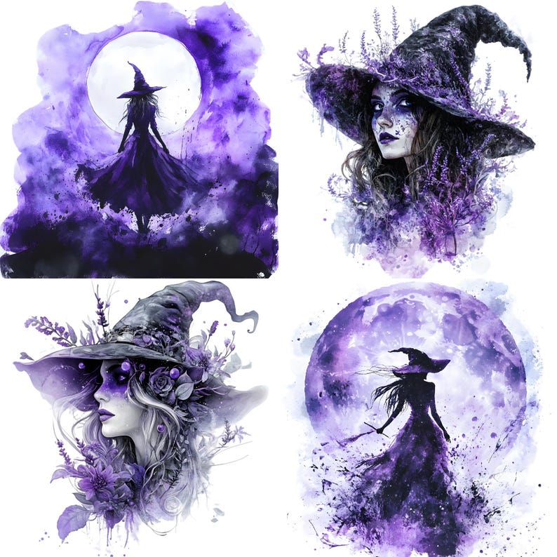 Purple Halloween Clipart: Watercolor Spooky Illustrations (commercial ...