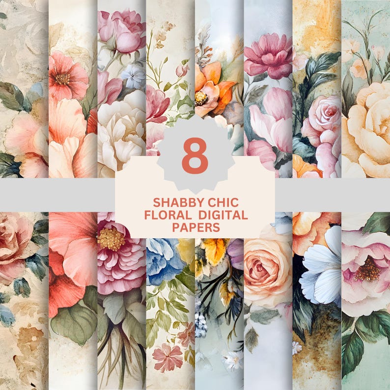 Shabby Chic Floral Digital Paper: Watercolor Scrapbook Paper (PDF & PNG ...