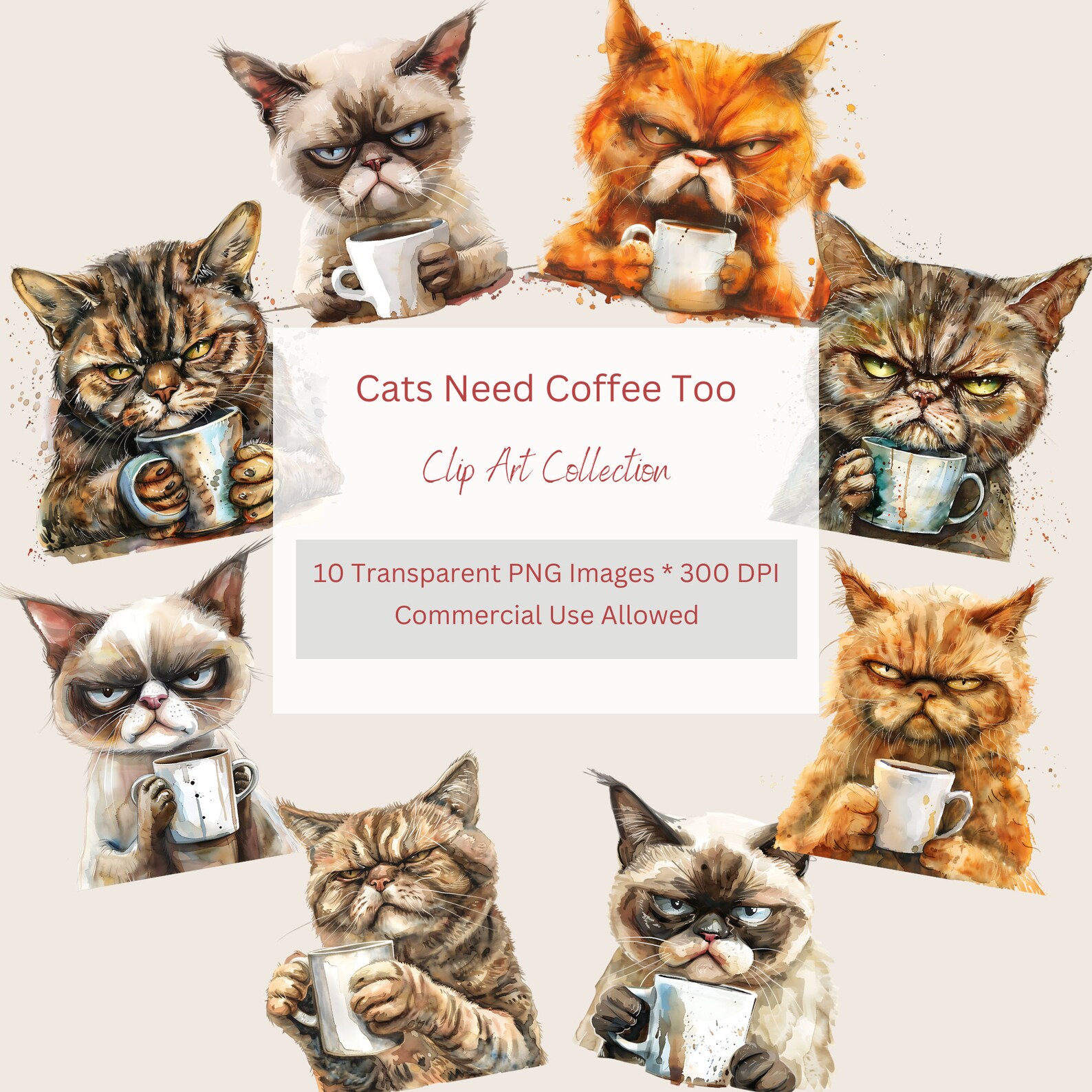 Cats Need Coffee Too Clipart. Watercolour. Grumpy Cat. Commercial Use ...