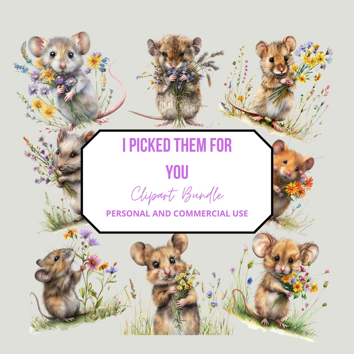 I Picked Them for You Clip Art. Watercolour. Mouse. Wild Flowers ...