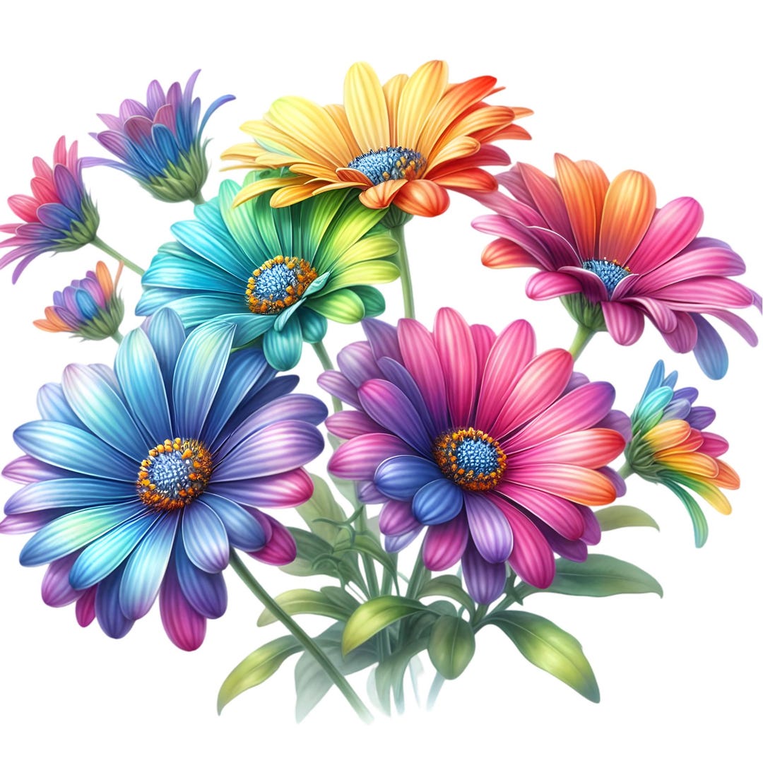 Rainbow Daisy Clipart: Watercolor Flower Images (commercial Use ...