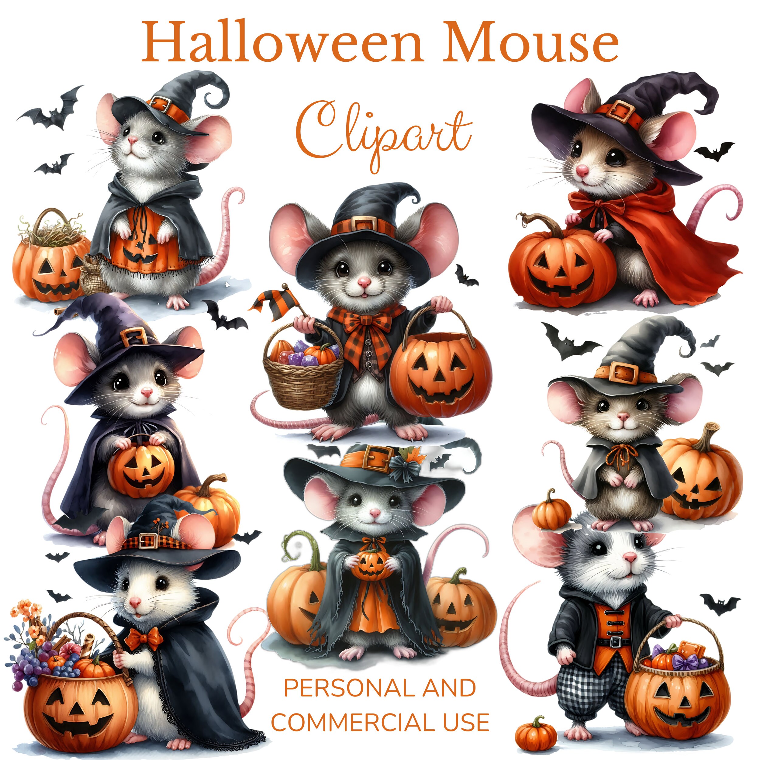 Watercolor Halloween Mouse Clipart: Transparent Images (digital ...