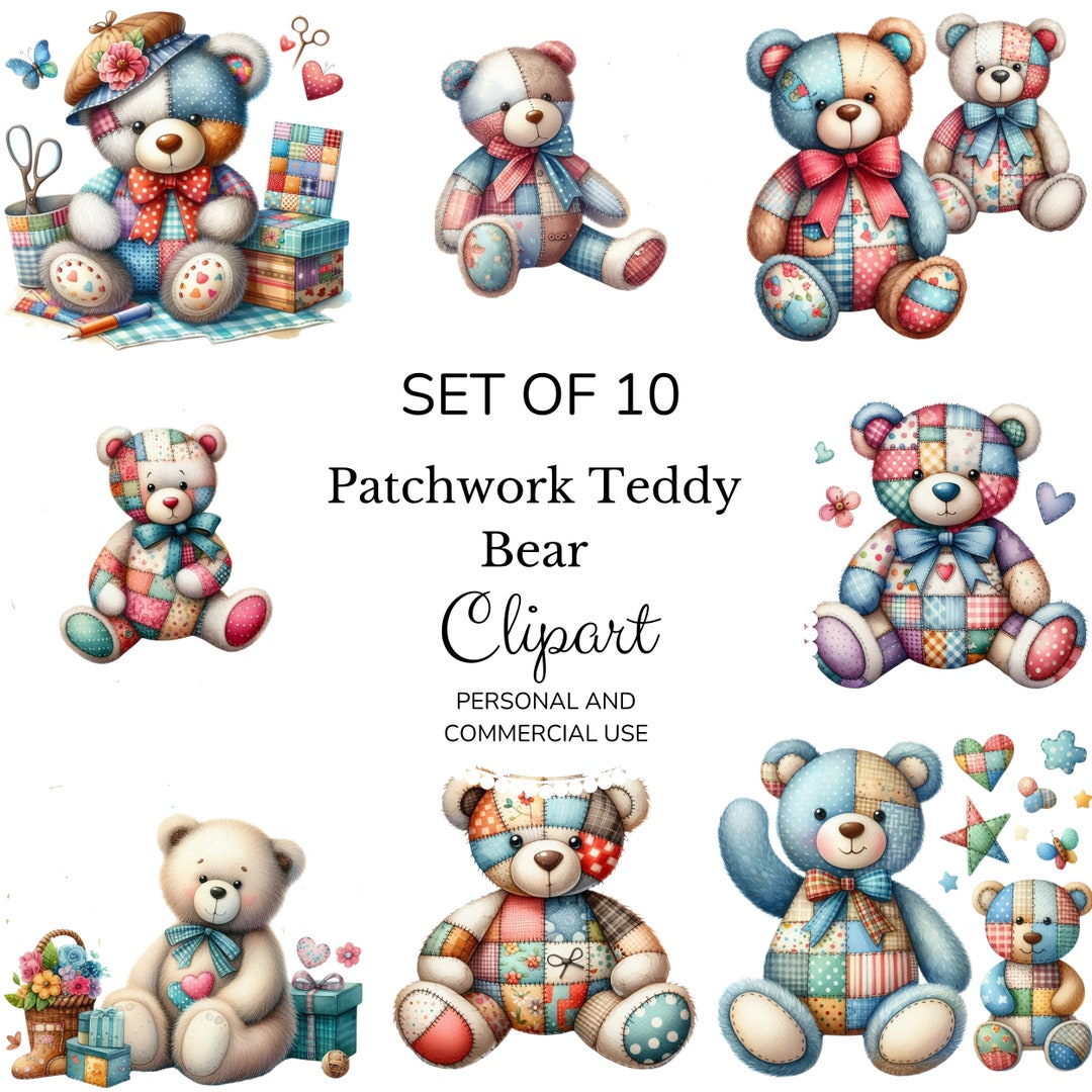 Patchwork Teddy Bear Clip Art. Digital Download - Etsy