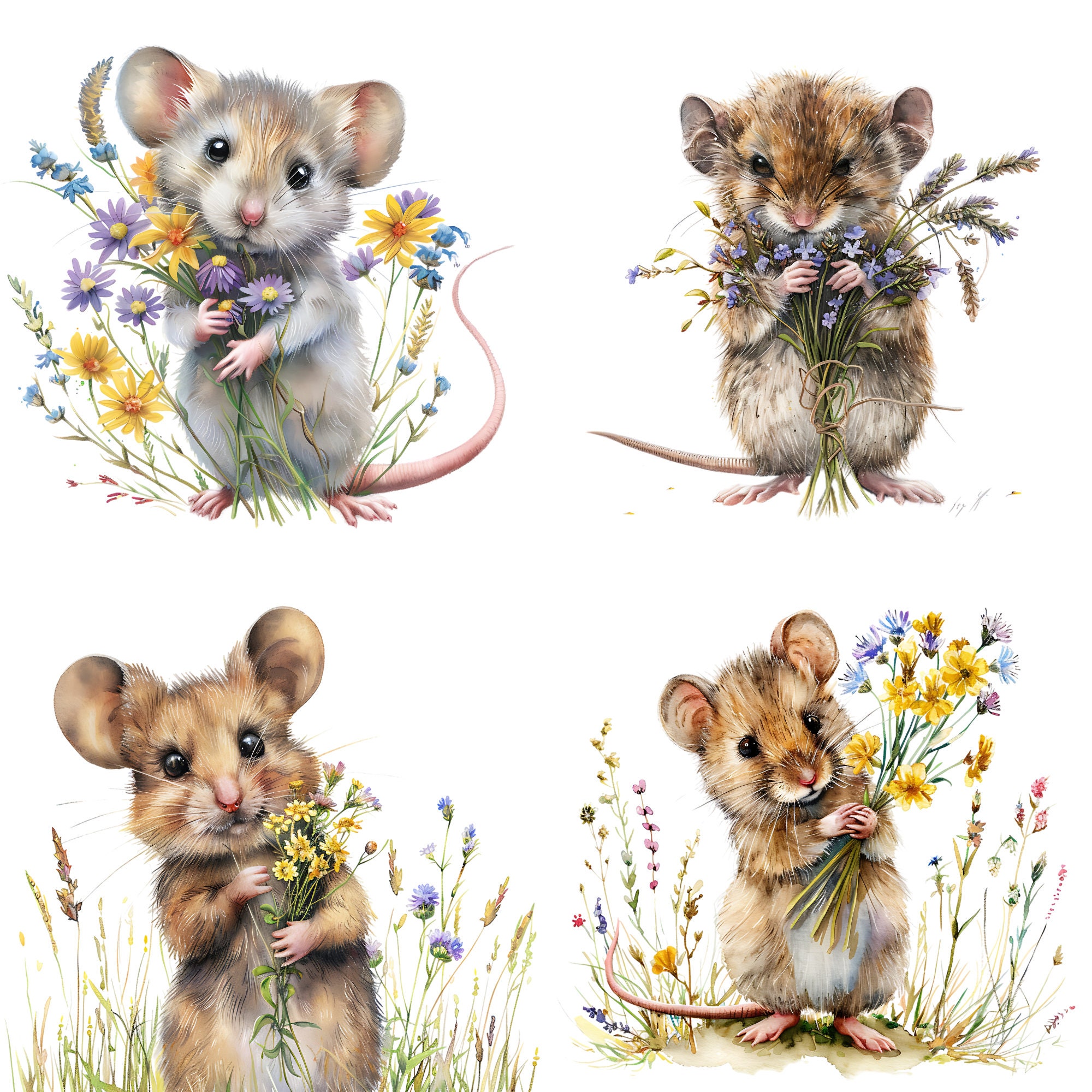 I Picked Them for You Clip Art. Watercolour. Mouse. Wild Flowers ...