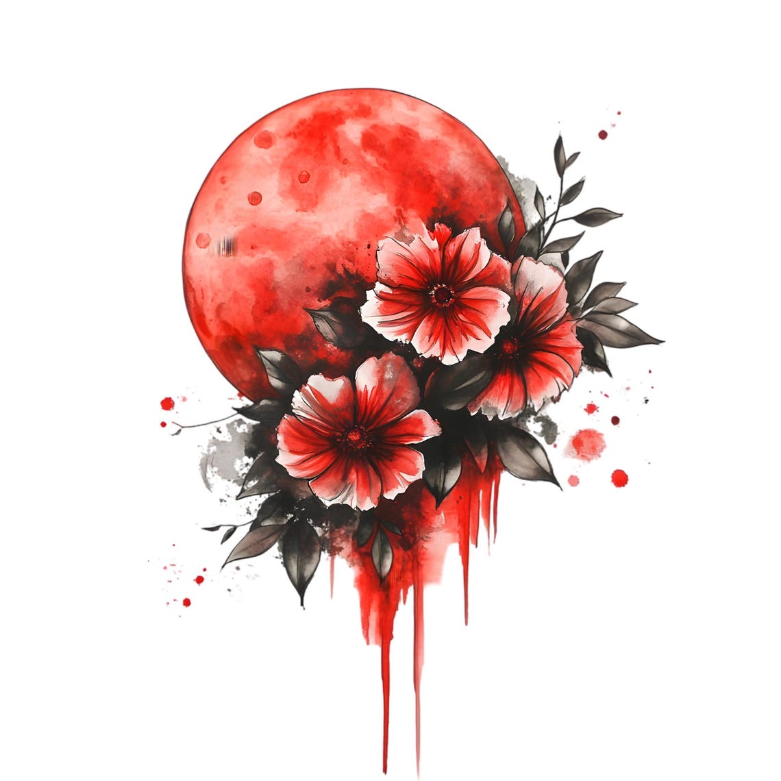 Floral Blood Moon Clipart: Watercolor Style (PDF Download) - Etsy