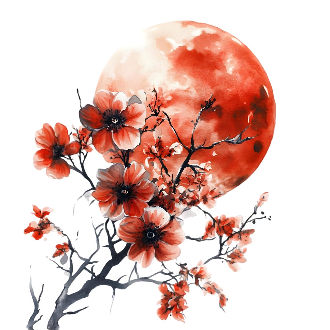 Floral Blood Moon Clipart: Watercolor Style (PDF Download) - Etsy