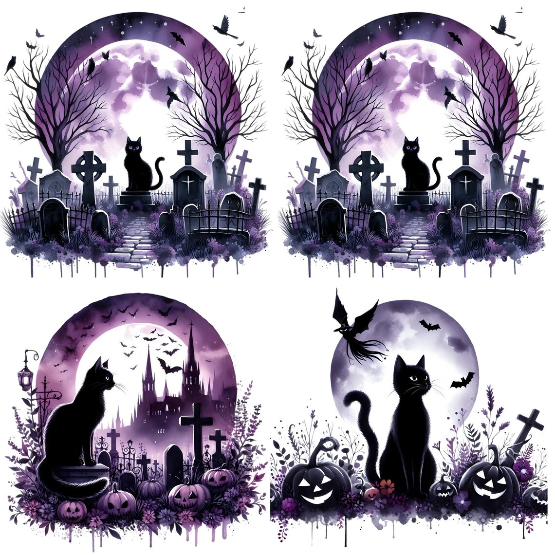 Halloween Black Cat Clipart: Watercolor Style (commercial Use, PDF ...