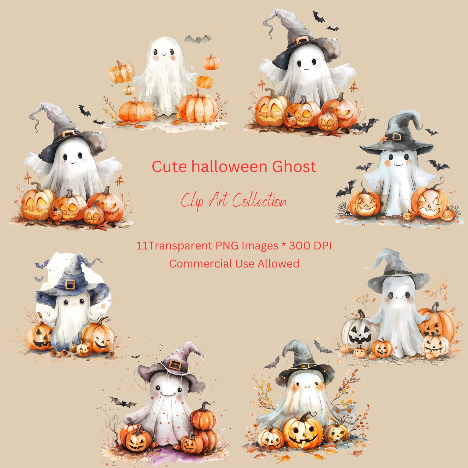 Cute Halloween Ghost Clip Art. Watercolour. Transparent Image ...