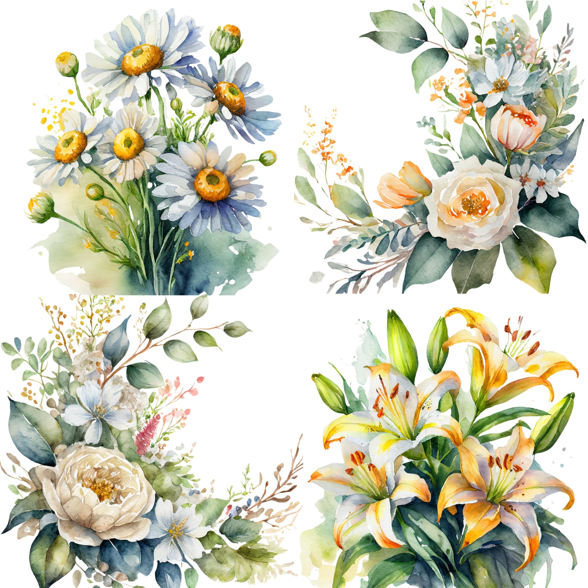 Watercolour Flower Clip Art Pack, Transparent Digital Download - Etsy