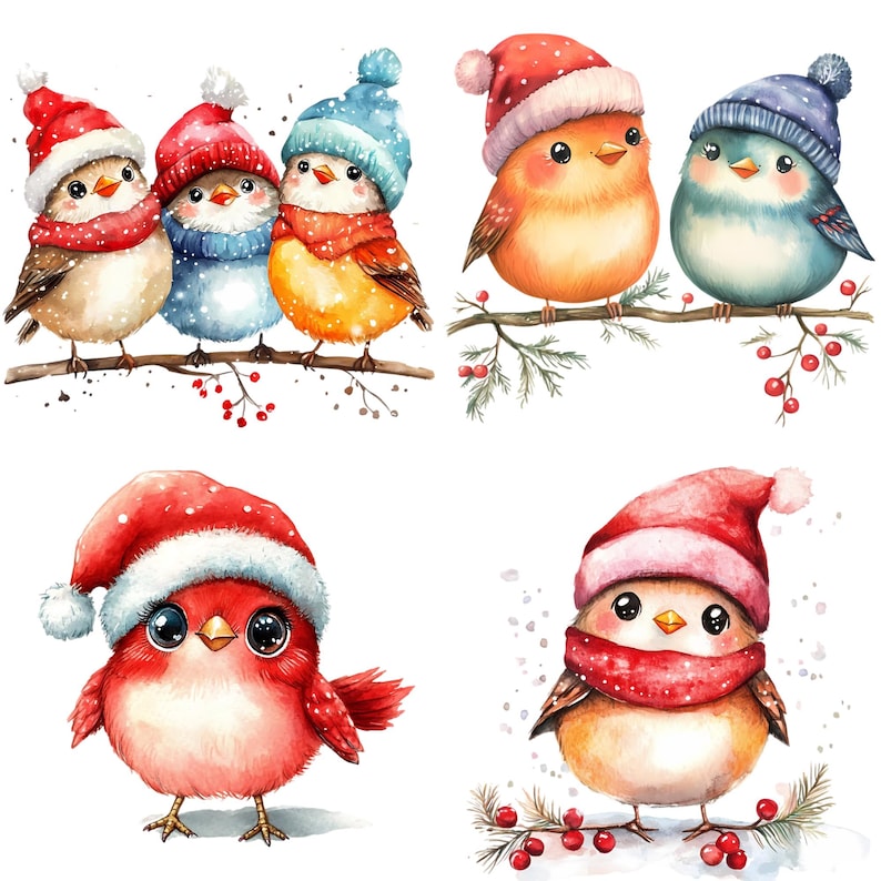 Chibi Christmas Bird Clip Art: Watercolor Cartoon Images (digital ...