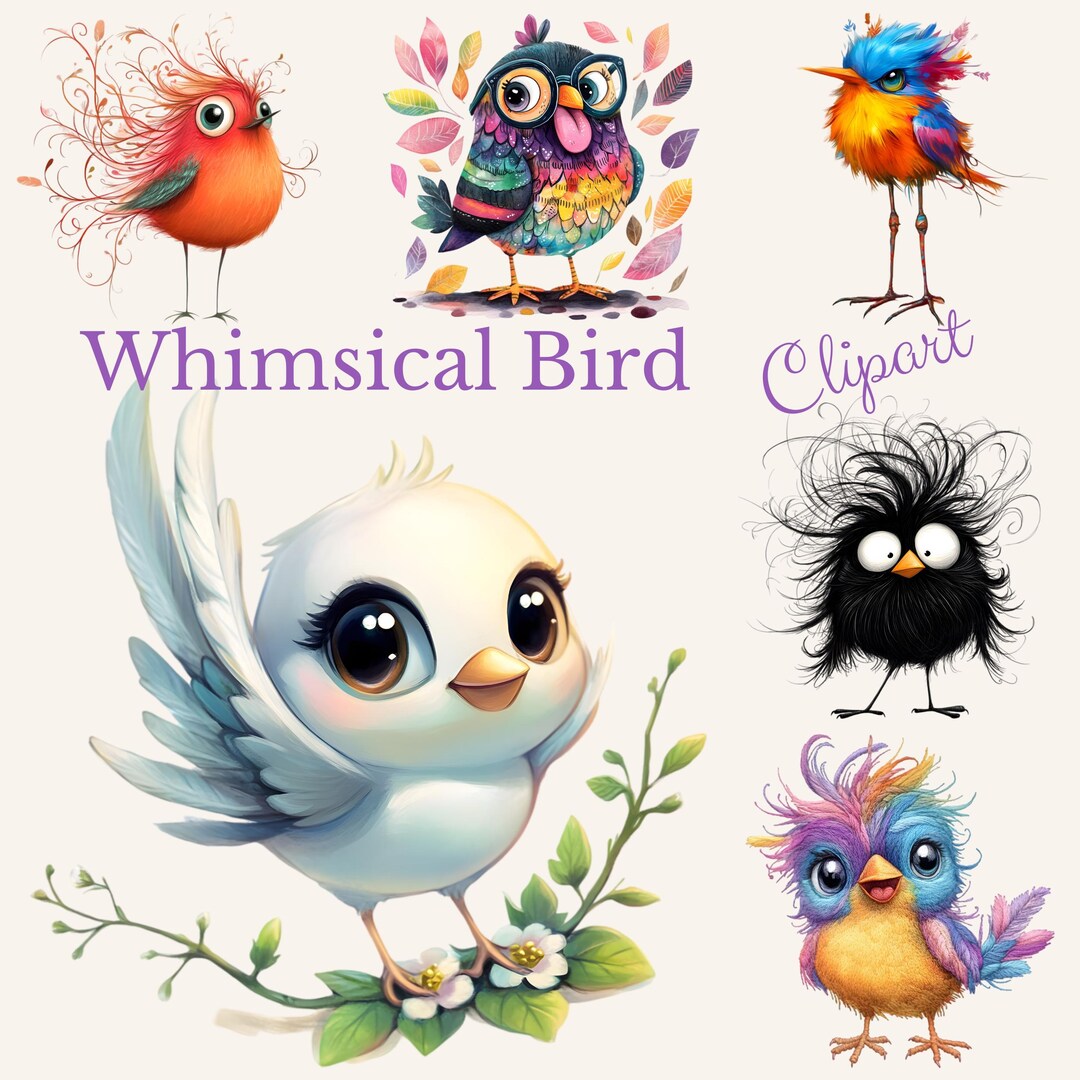 Whimsical Bird Clipart. Watercolour. Funny Birds. Transparent Image ...