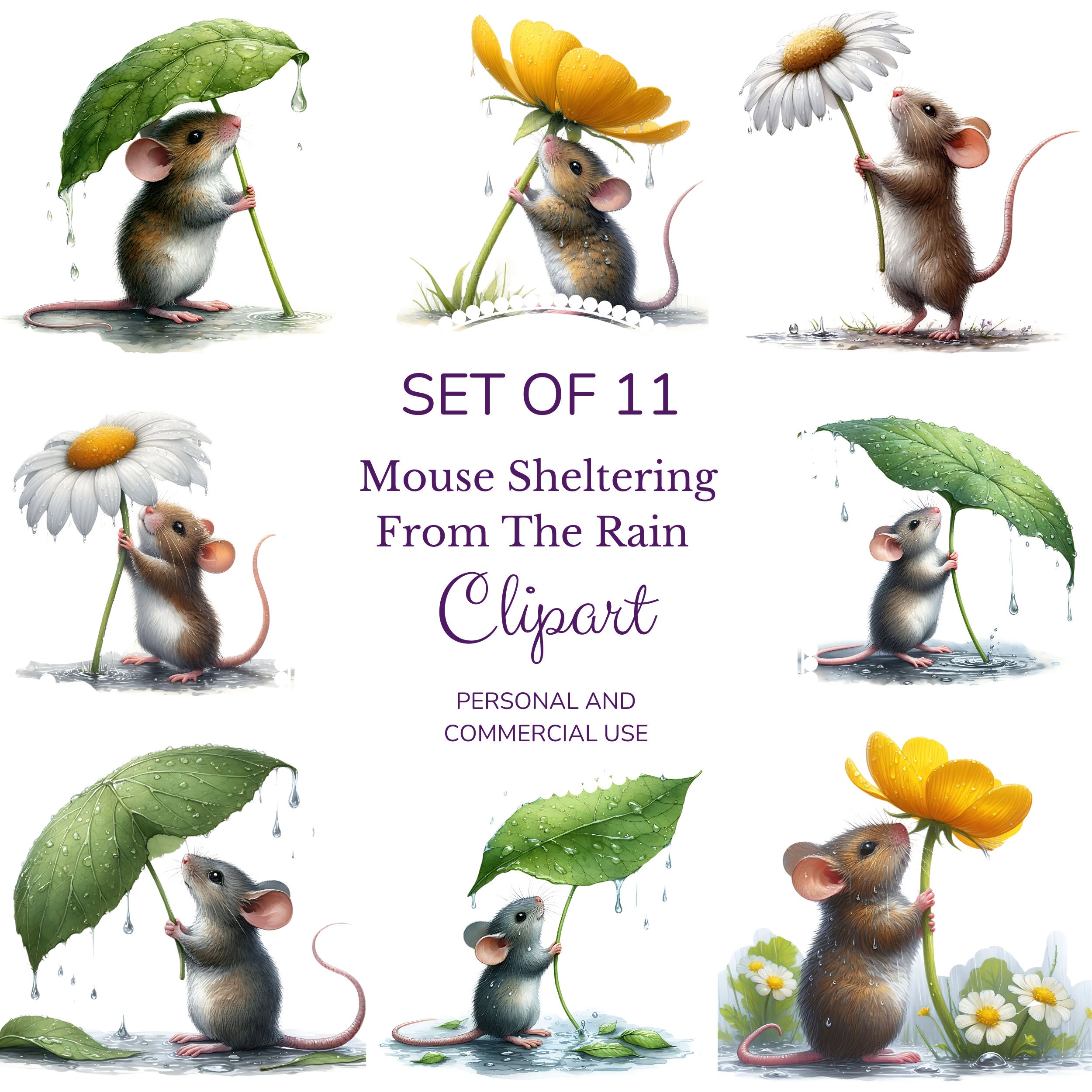 Mouse Sheltering From the Rain Clip Art. 11 Transparent Images. Instant ...