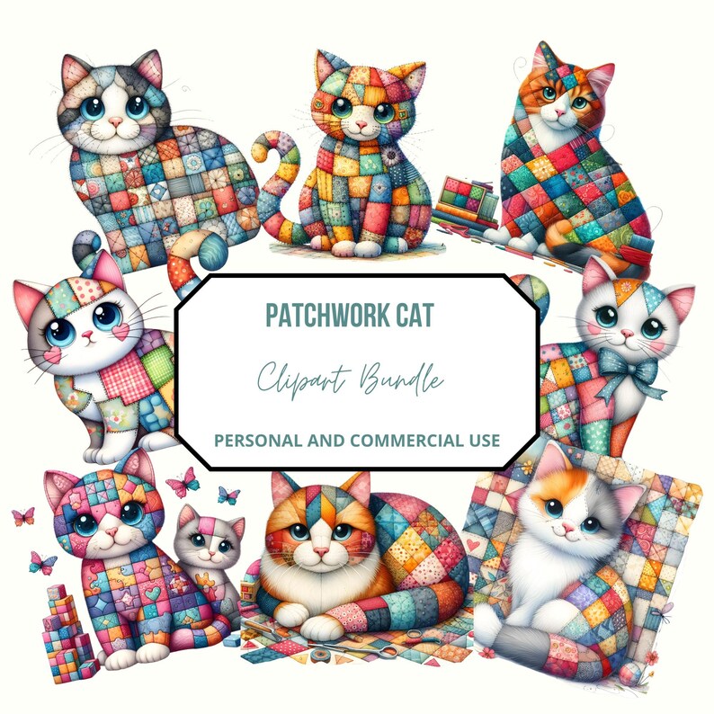 Patchwork Cat Clipart: Watercolor Style, Commercial Use (PDF) - Etsy