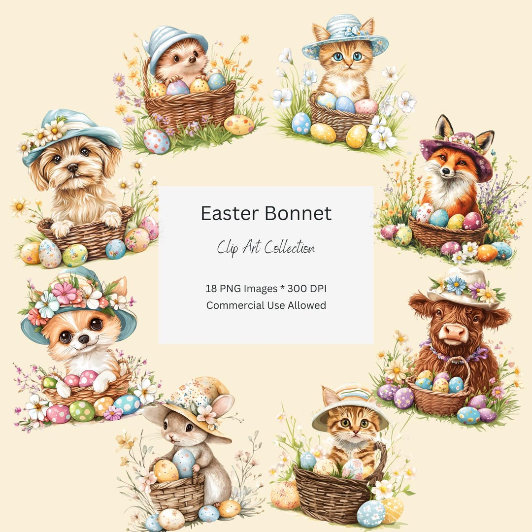 Easter Bonnet Clipart. Cute Animals. Easter. Watercolour. Commercial ...