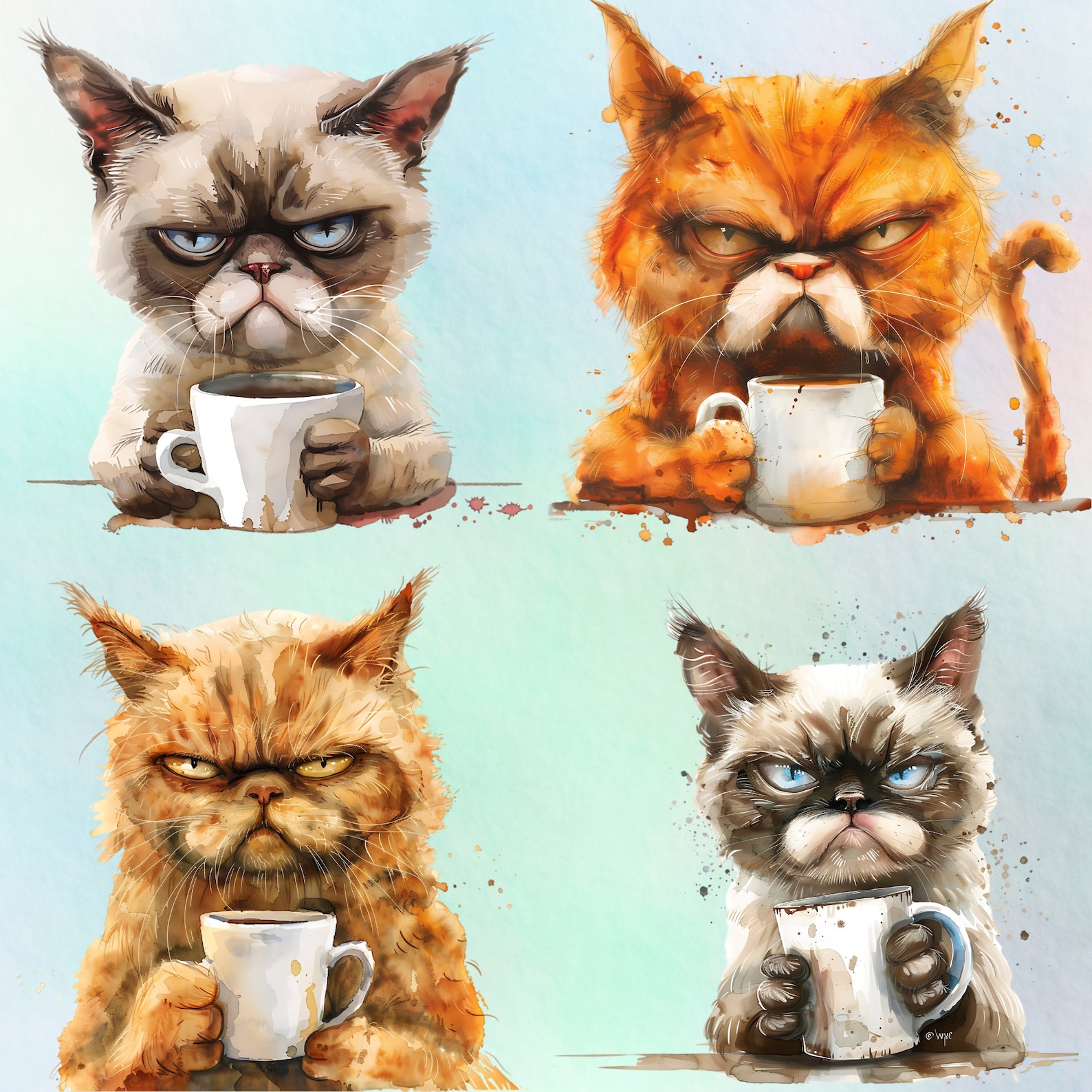 Cats Need Coffee Too Clipart. Watercolour. Grumpy Cat. Commercial Use ...