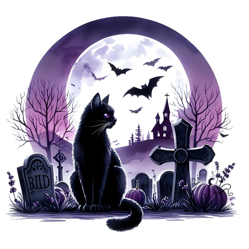 Halloween Black Cat Clipart: Watercolor Style (commercial Use, PDF ...