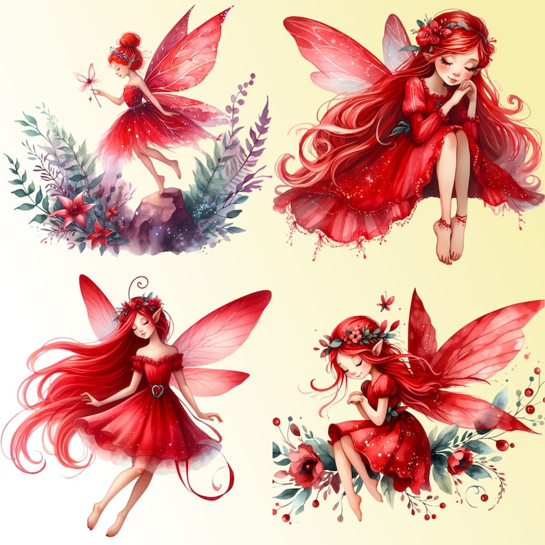 Red Fairy Clipart. Watercolour. Transparent Images. Commercial Use - Etsy