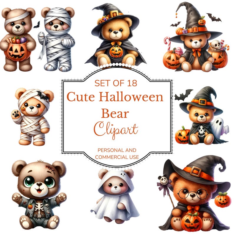 18 Cute Halloween Bear Clipart. Printable Watercolour Downloads ...