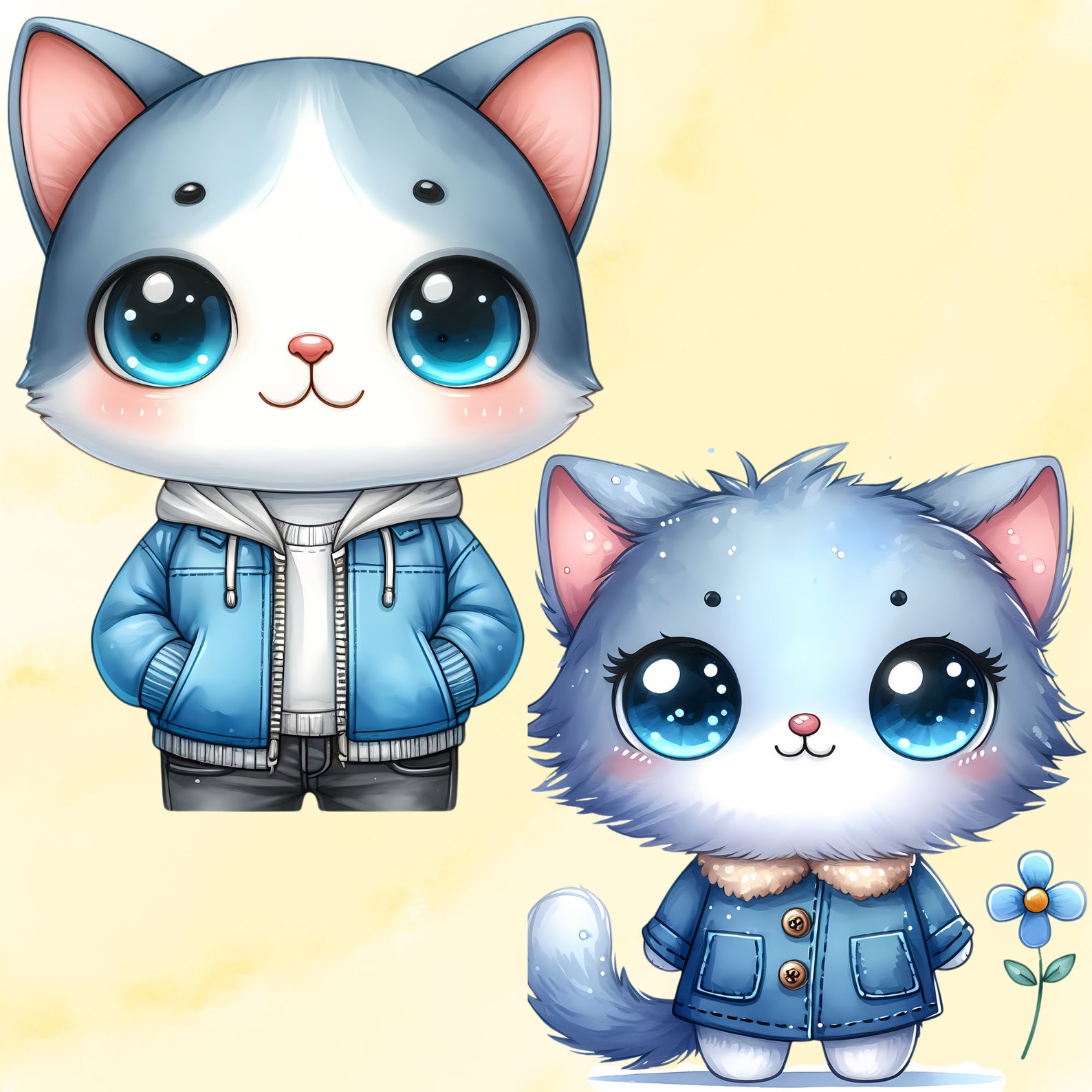 Kawaii Blue Cat Clipart. Transparent Image. Watercolour. High Quality ...