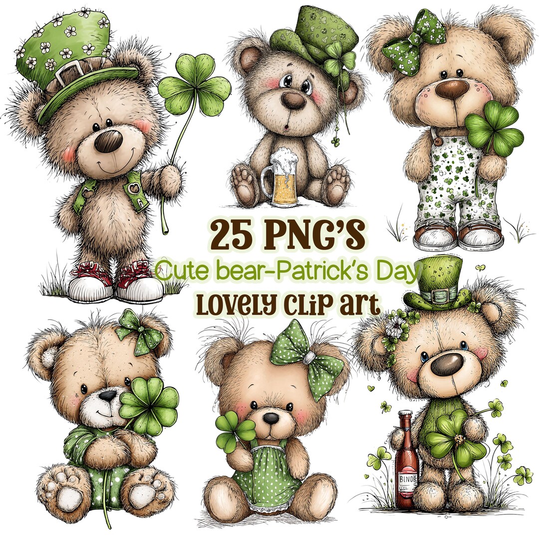 St Patrick's Day Clipart PNG Bundle, Cute Teddy Bear Clipart, Vintage ...