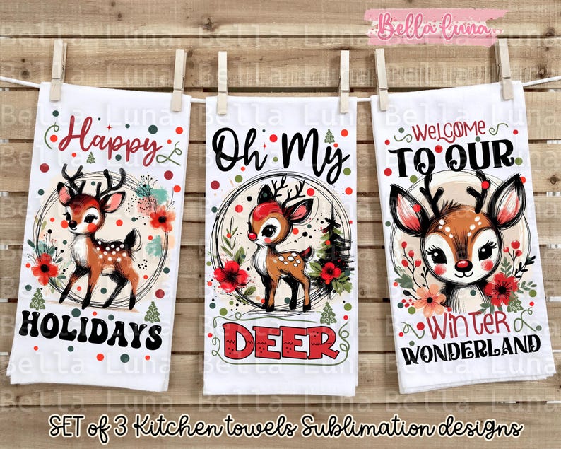 Reindeer Kitchen Towel Sublimation Designs: Christmas PNG (digital ...
