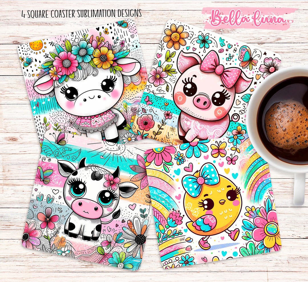 Cute Farm Animals Coaster Sublimation Design (digital Download) - Etsy